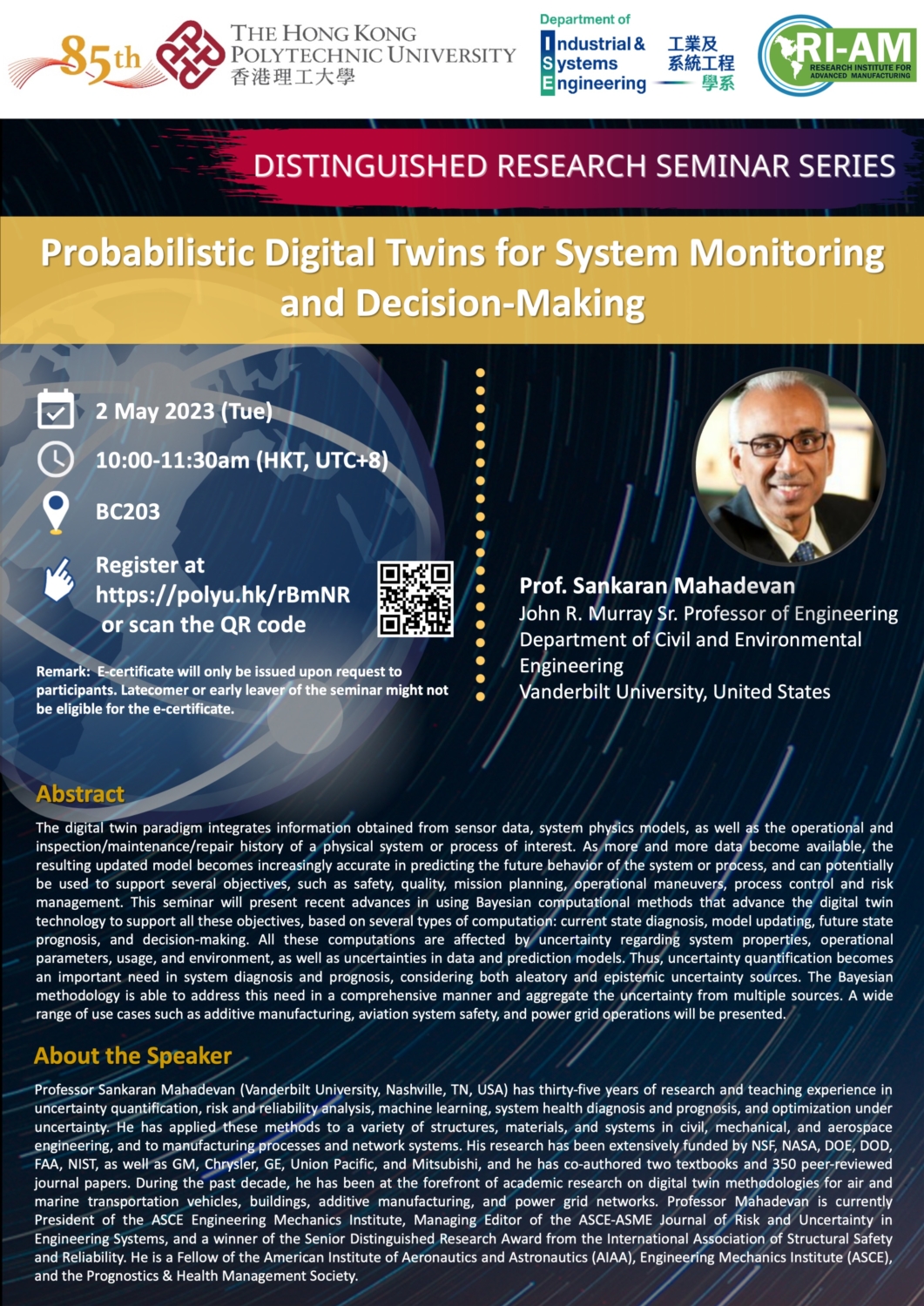 Prof. Sankaran Mahadevan gave a talk on probabilistic Digital Twins for ...